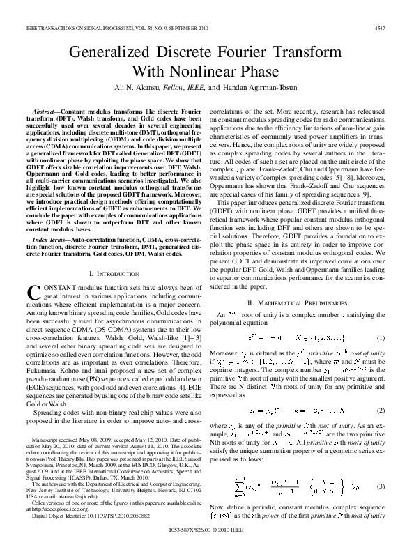 Pdf Generalized Discrete Fourier Transform With Nonlinear Phase Handan Agirman 