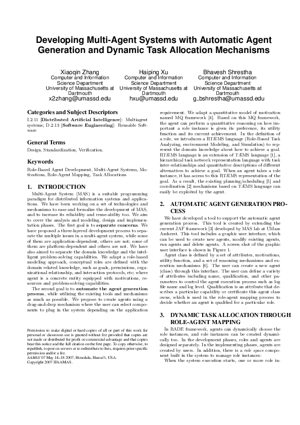 Pdf Developing Multi Agent Systems With Automatic Agent Generation And Dynamic Task Allocation
