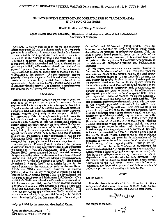 (PDF) Self-consistent electrostatic potential due to trapped plasma in the magnetosphere