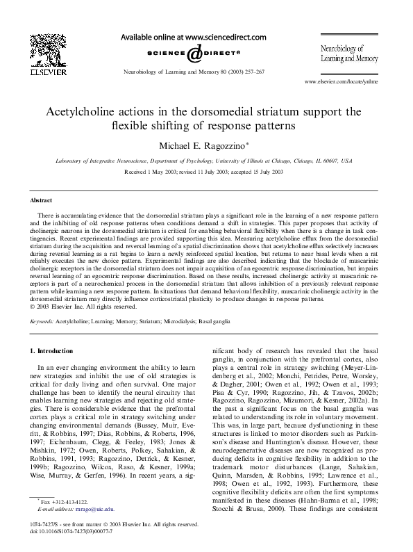 (PDF) Acetylcholine actions in the dorsomedial striatum support the ...