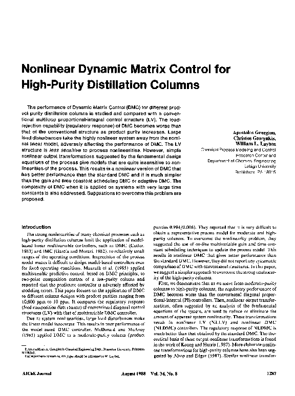 (PDF) Nonlinear dynamic matrix control for high-purity distillation columns