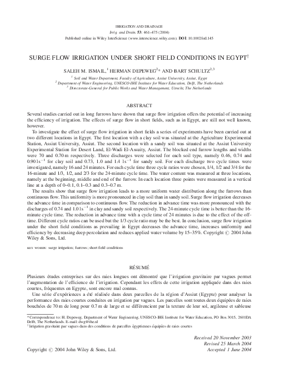 (PDF) Surge flow irrigation under short field conditions in Egypt