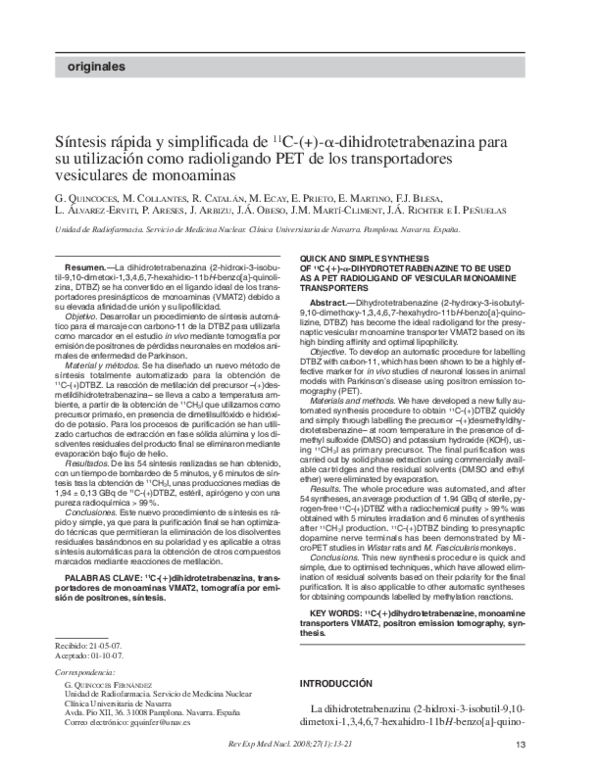 (PDF) Síntesis rápida y simplificada de 11C-(+)-α-dihidrotetrabenazina ...