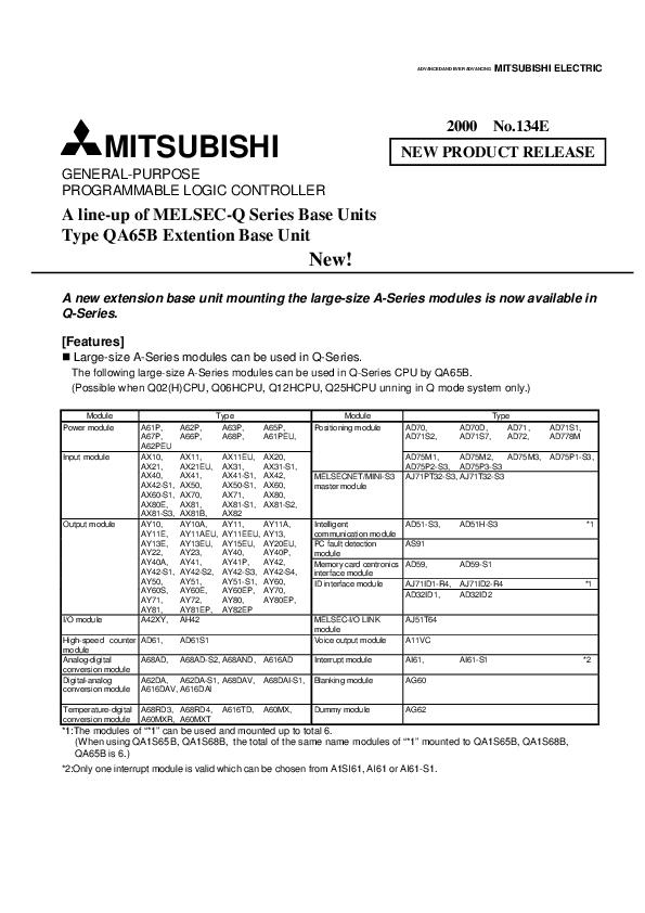 (PDF) A line-up of MELSEC-Q Series Base Units Type QA65B Extention Base ...