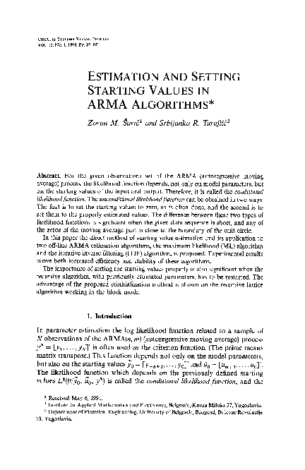 Pdf Estimation And Setting Starting Values In Arma Algorithms