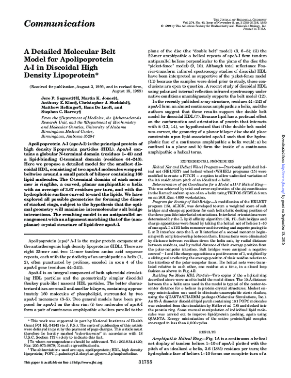 (PDF) A Detailed Molecular Belt Model for Apolipoprotein AI in ...