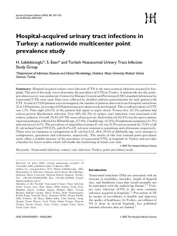 (PDF) Hospital-acquired urinary tract infections in Turkey: a nationwide multicenter point ...