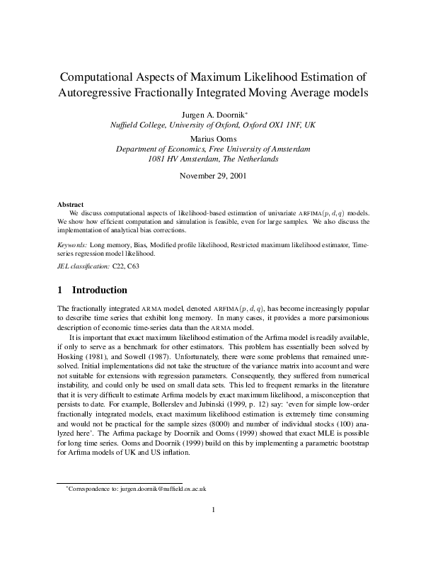 (PDF) Computational aspects of maximum likelihood estimation of autoregressive fractionally ...