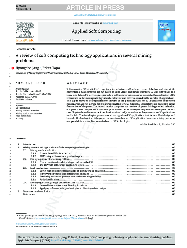 (PDF) A review of soft computing technology applications in several mining problems