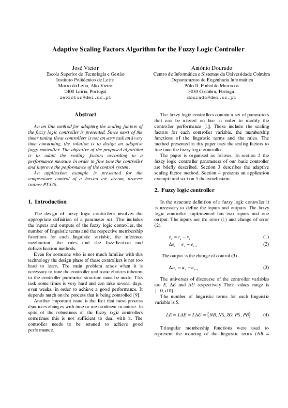 Pdf Adaptive Scaling Factors Algorithm For The Fuzzy Logic Controller