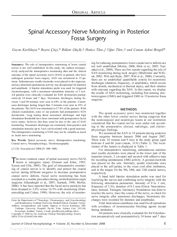 (PDF) Spinal Accessory Nerve Monitoring in Posterior Fossa Surgery