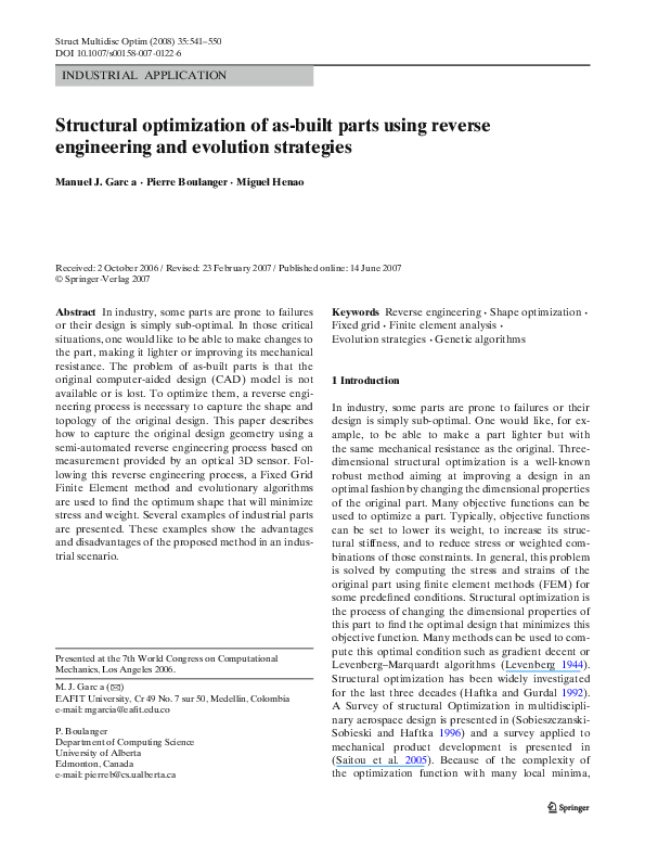 (PDF) Structural optimization of as-built parts using reverse engineering and evolution strategies