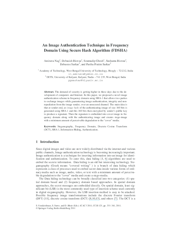 Pdf An Image Authentication Technique In Frequency Domain Using Secure Hash Algorithm Fdsha