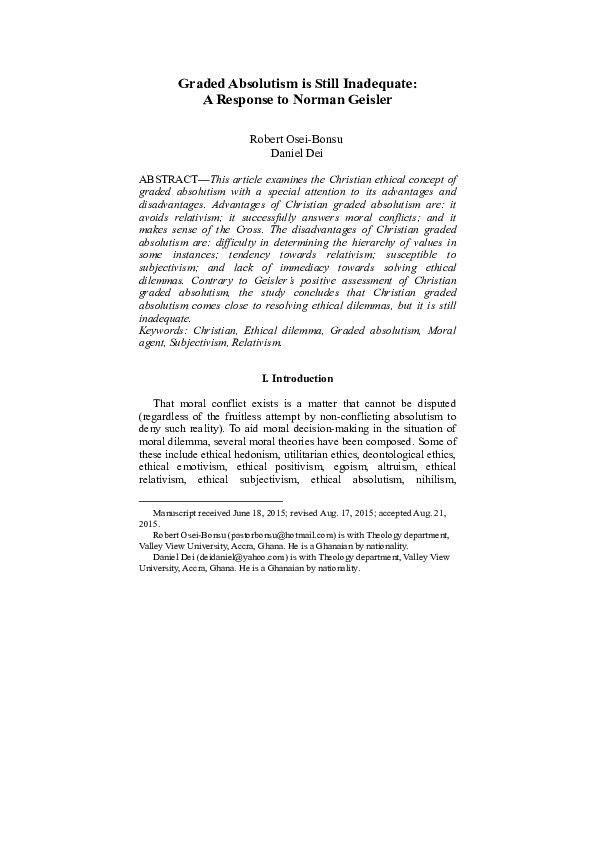 (PDF) Graded Absolutism is Still Inadequate: A Response to Norman Geisler