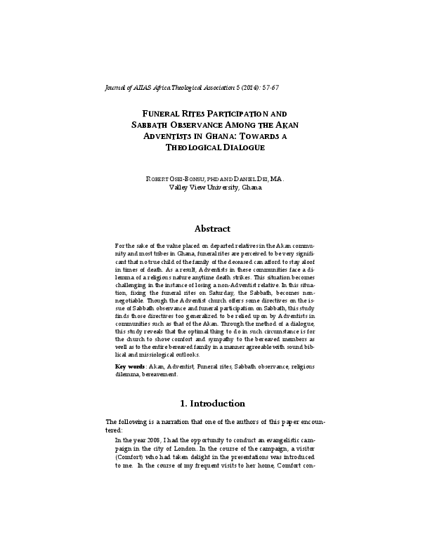 (PDF) FUNERAL RITES PARTICIPATION AND SABBATH OBSERVANCE AMONG THE AKAN ...