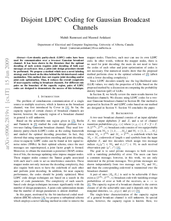 (PDF) Disjoint LDPC Coding for Gaussian Broadcast Channels
