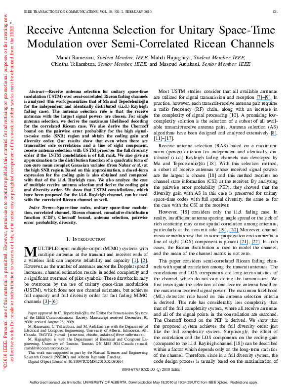 (PDF) Receive antenna selection for unitary space-time modulation over semi-correlated Ricean ...