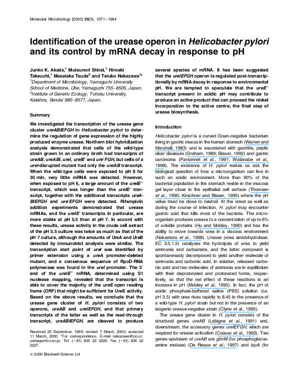 (PDF) Identification of the urease operon in Helicobacter pylori and ...
