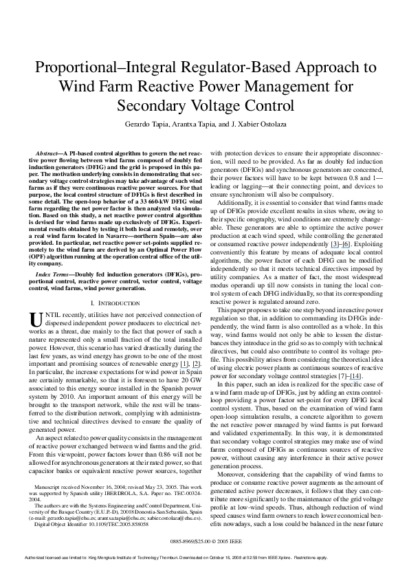 (PDF) Proportional–Integral Regulator-Based Approach to Wind Farm Reactive Power Management for ...