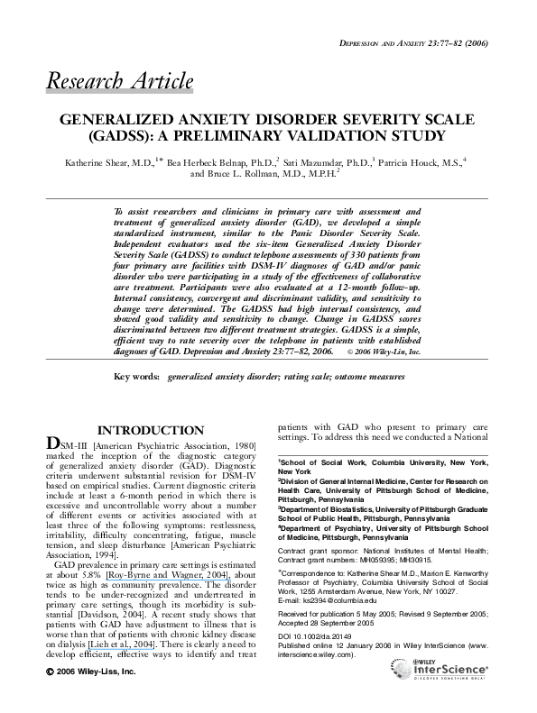(PDF) Generalized anxiety disorder severity scale (GADSS): a ...
