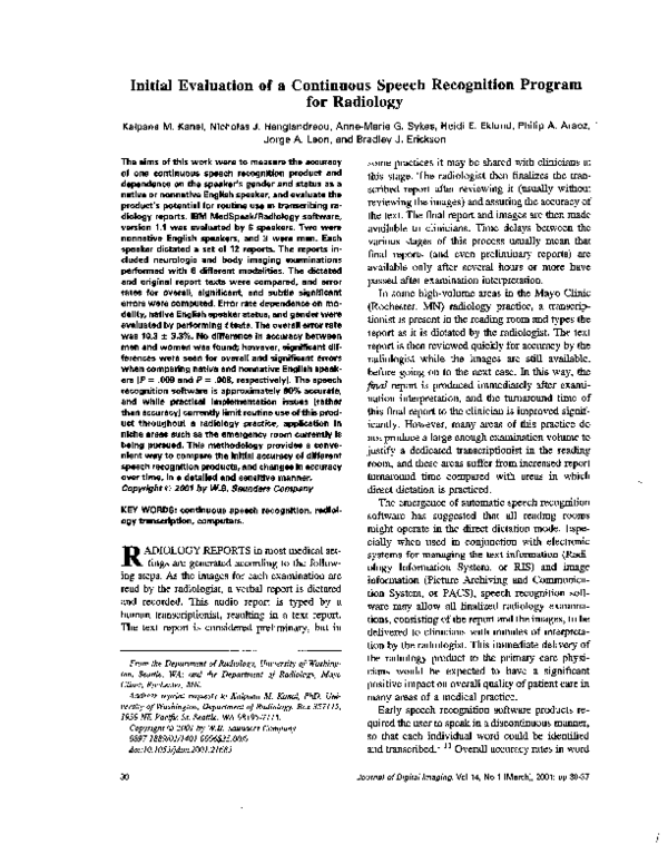 Pdf Initial Evaluation Of A Continuous Speech Recognition Program For