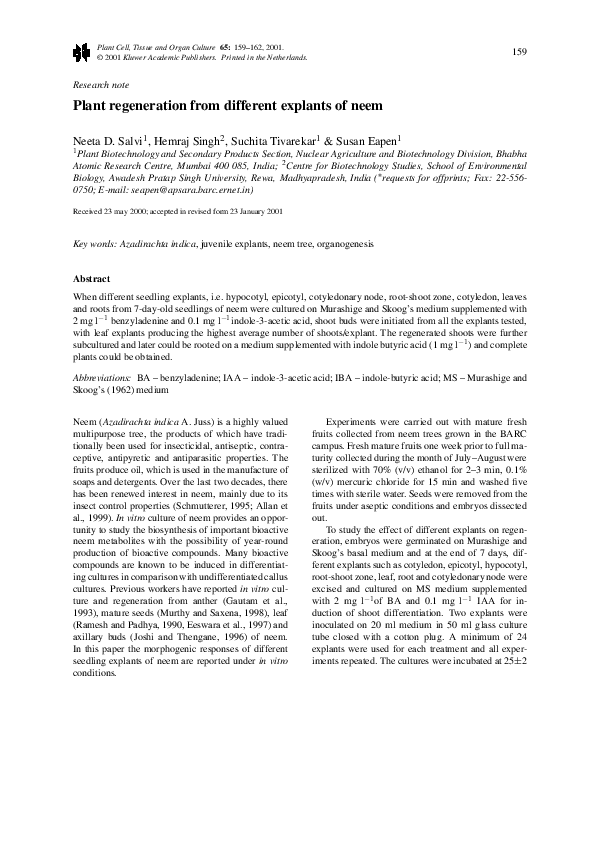 (PDF) Plant regeneration from different explants of neem