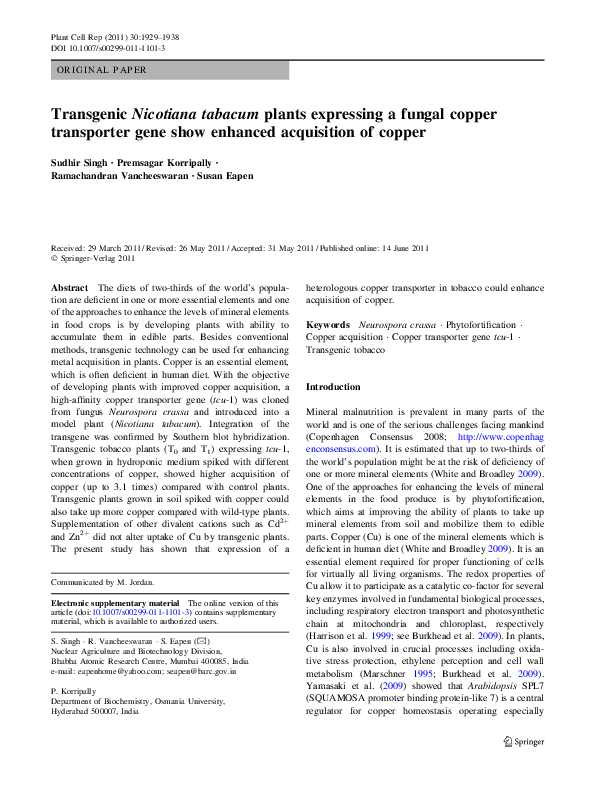 (PDF) Transgenic Nicotiana tabacum plants expressing a fungal copper ...