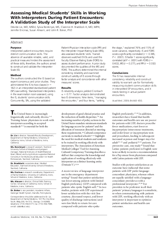 (PDF) Assessing Medical Studentsʼ Skills in Working With Interpreters ...