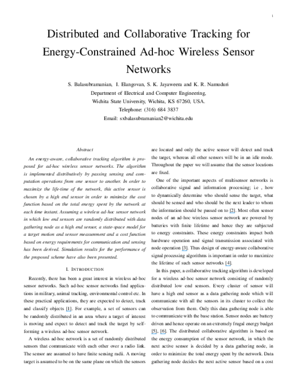 Pdf Distributed And Collaborative Tracking For Energy Constrained Ad Hoc Wireless Sensor Networks