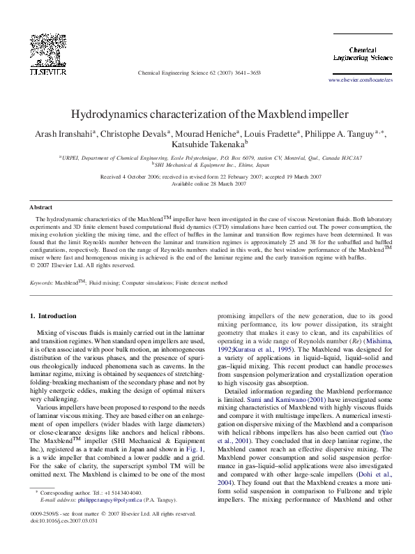 (PDF) Hydrodynamics characterization of the Maxblend impeller