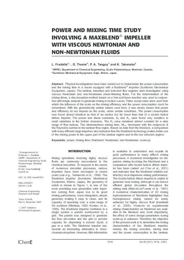 (PDF) Power and Mixing Time Study Involving a Maxblend ® Impeller with ...