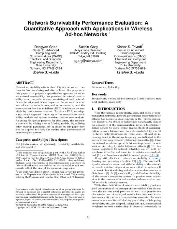 (PDF) Network survivability performance evaluation:: a quantitative approach with applications ...