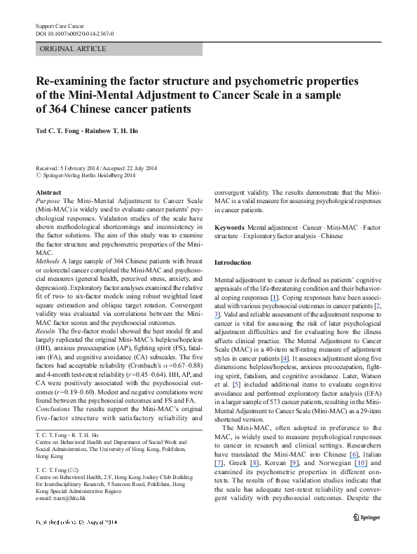 (PDF) The Mini‐Mental Adjustment to Cancer (Mini‐MAC) scale: construct ...