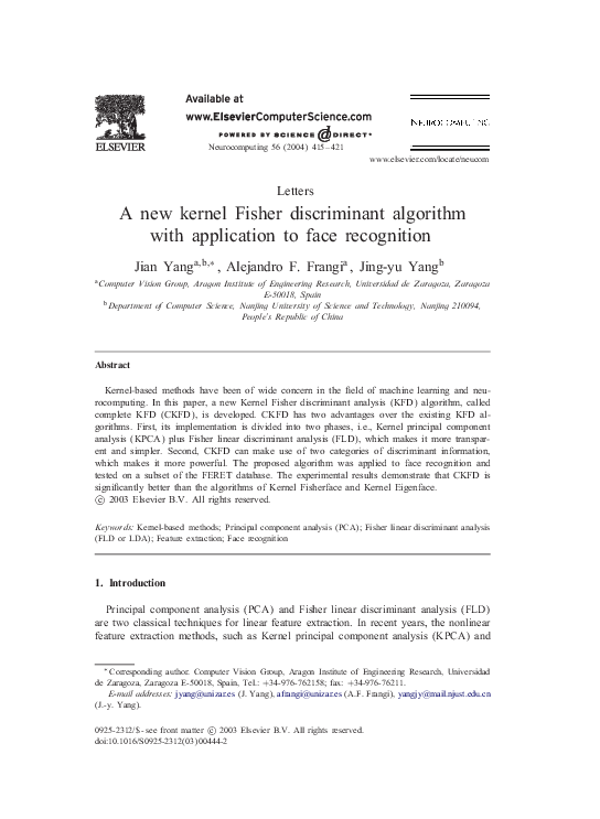 (PDF) A new kernel Fisher discriminant algorithm with application to face recognition