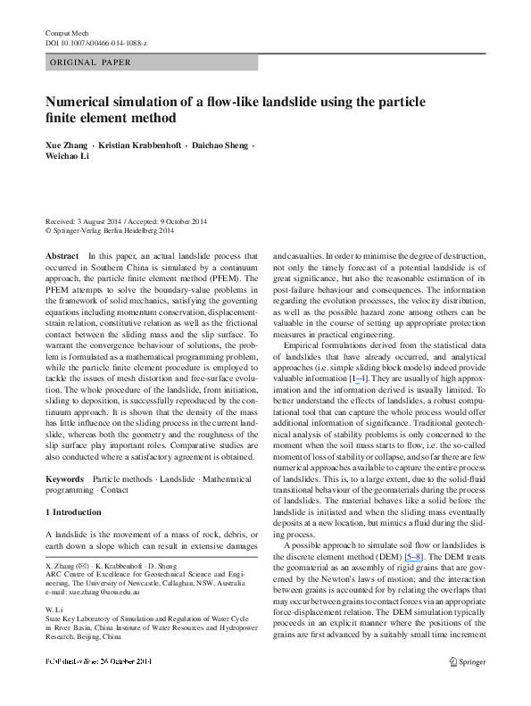 Pdf Numerical Simulation Of A Flow Like Landslide Using The Particle