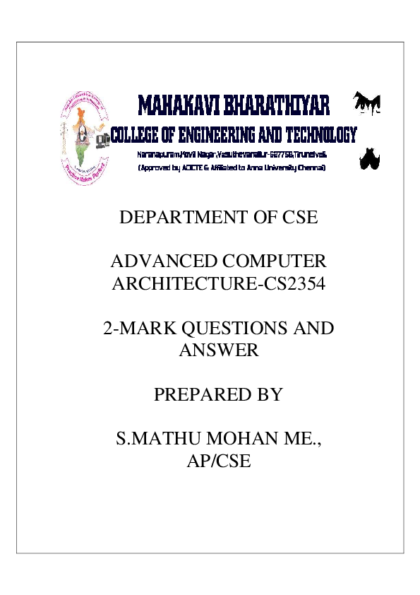 Pdf Department Of Cse Advanced Computer Architecture Cs2354 2 Mark Questions And Answer