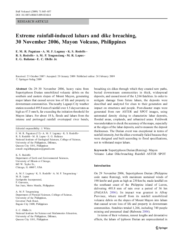 (PDF) Extreme rainfall-induced lahars and dike breaching, 30 November 2006, Mayon Volcano ...