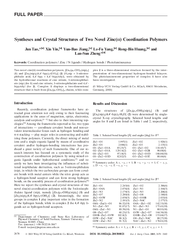 Pdf Syntheses And Crystal Structures Of Two Novel Zinc Ii Coordination Polymers