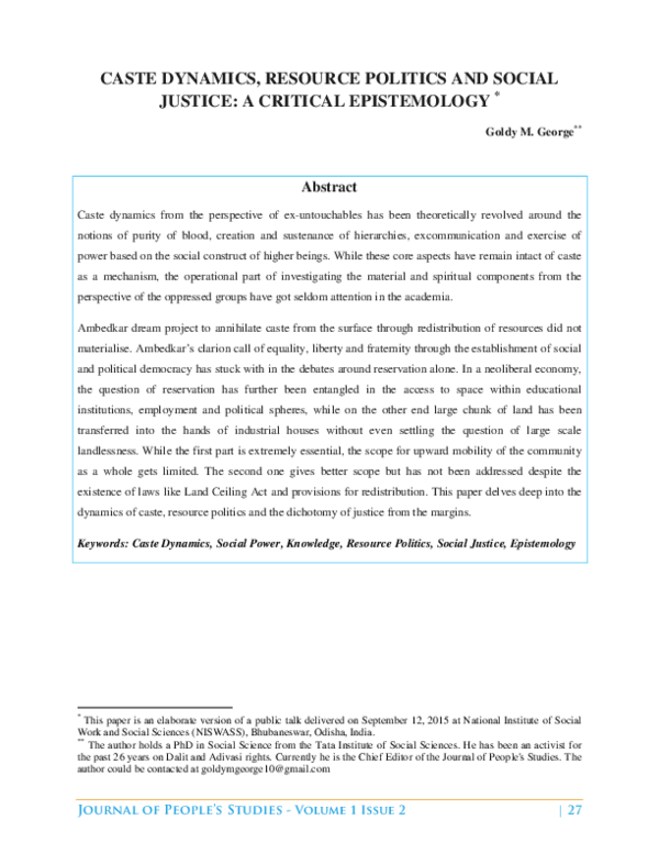 CASTE DYNAMICS, RESOURCE POLITICS AND SOCIAL JUSTICE: A CRITICAL ...