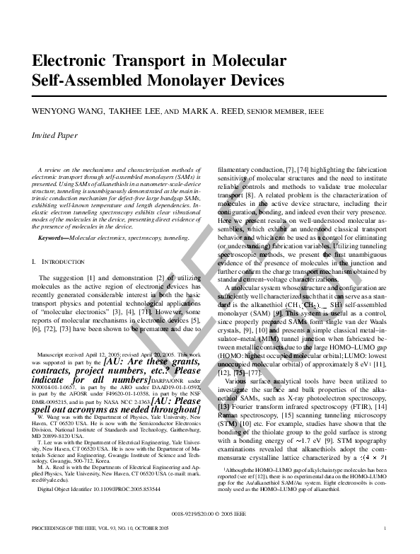 (PDF) Electronic Transport in Molecular Self-Assembled Monolayer Devices