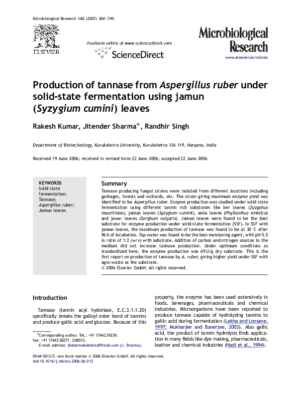(PDF) Production of tannase from Aspergillus ruber under solid-state ...
