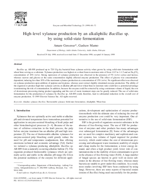 (PDF) High-level xylanase production by alkaliphilic Bacillus pumilus ASH under solid-state ...