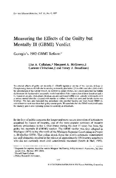 (PDF) Measuring the effects of the guilty but mentally Ill (GBMI) verdict