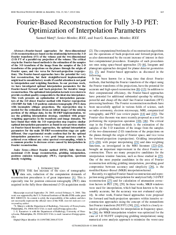 (PDF) Fourier-Based Reconstruction for Fully 3-D PET: Optimization of Interpolation Parameters
