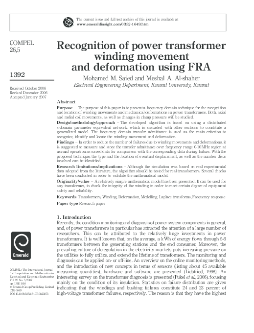 (PDF) Recognition of power transformer winding movement and deformation using FRA | Mohamed ...