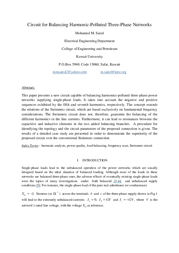 (PDF) Circuit for Balancing Harmonic-Polluted Three-Phase Networks