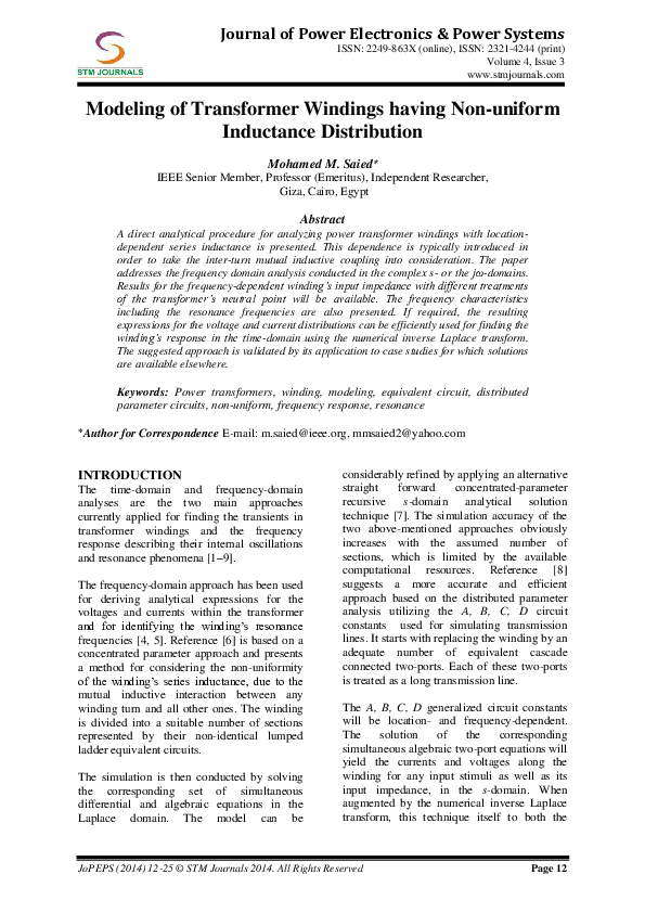 (PDF) Modeling of Transformer Windings Having Non-Uniform Inductance Distribution