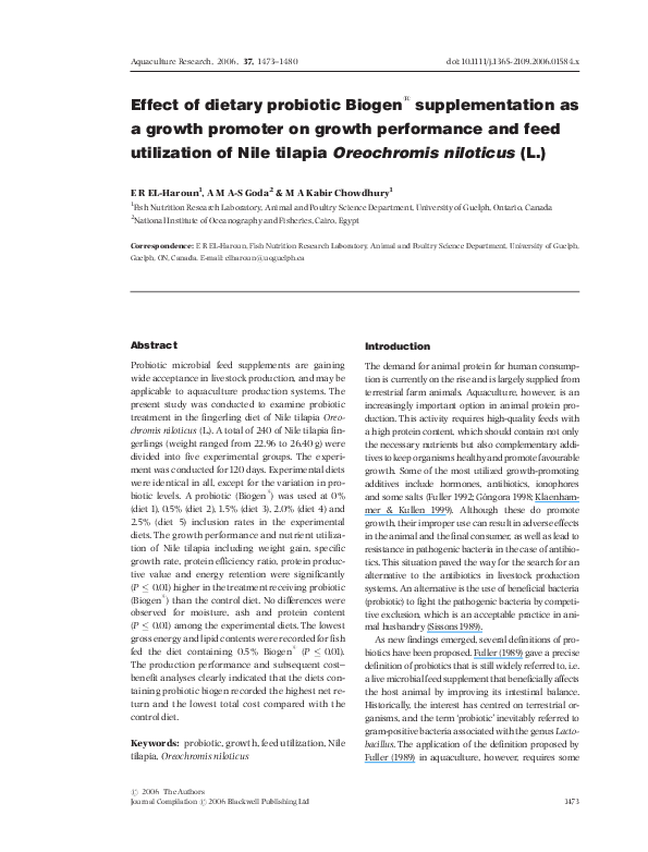 (PDF) Effect of dietary probiotic Biogen supplementation as a growth ...