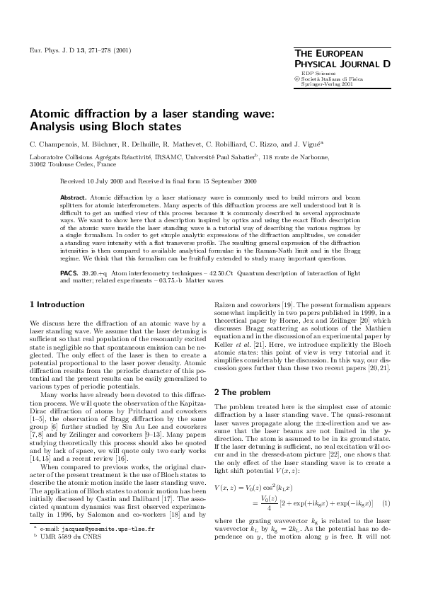 (PDF) Atomic diffraction by a laser standing wave: Analysis using Bloch ...