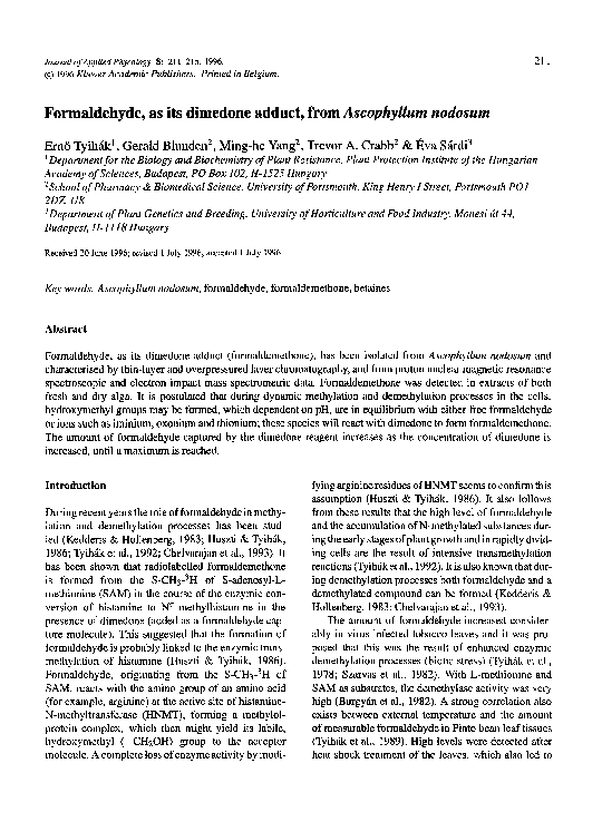(PDF) Formaldehyde, as its dimedone adduct, from Ascophyllum nodosum